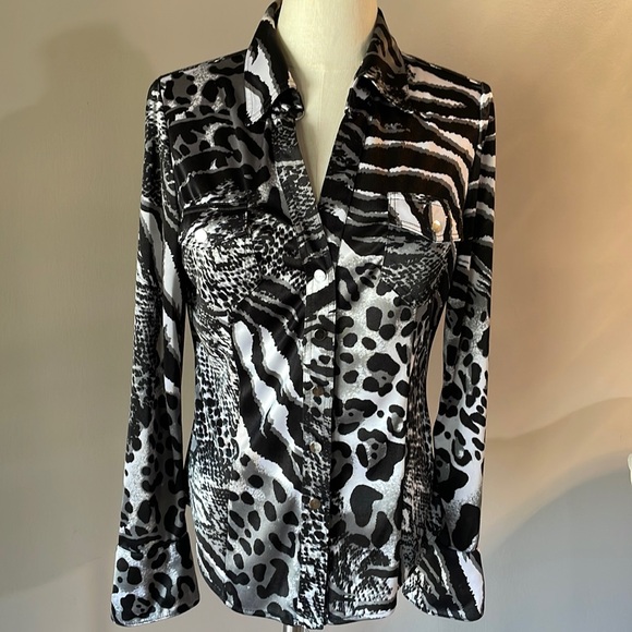 Cache | Tops | Vintage Cache Animal Print Black Gray White Snap Front ...